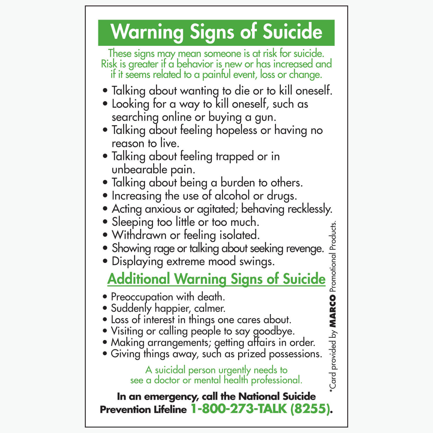Suicide Prevention Wallet Card, SPWC-PD - Marco Promos