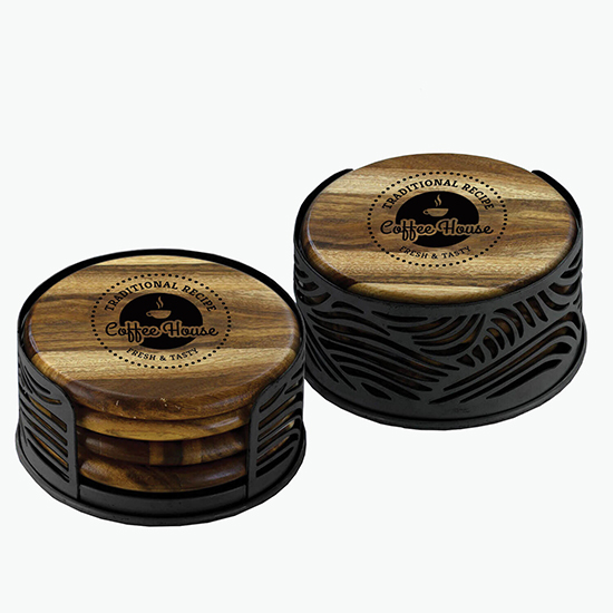 Acacia Wood Round Coaster Set with Metal Stand - Set of 4, GA-22026 ...